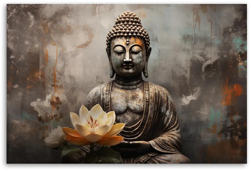 Obraz na plátně, socha buddhy s lotosovým květem - 60x40 cm