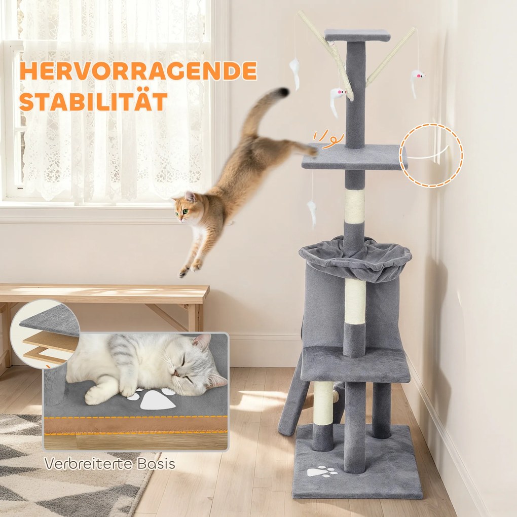 PawHut Škrabadlo pro kočky s jeskyní, 4 hračkami, sisalové sloupky, velká plošina, schody, pro kočky pod 5 kg, šedá