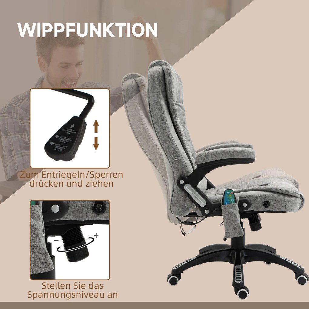 Kancelářská židle Vinsetto s masážní a tepelnou funkcí, ergonomická, výškově nastavitelná, bez tření, 6 masážních bodů, 68 Š x 72 H x 110-120 V cm, š…