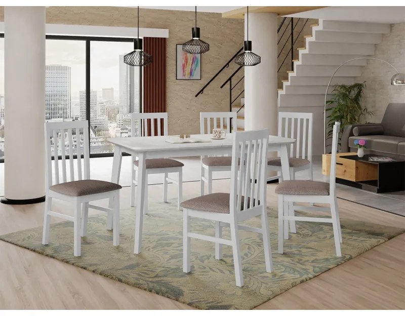 Rozkládací jídelní stůl se 6 židlemi AL16, Barva dřeva: bílá, Potah: Kronos 7, Barvy nožiček: Sonoma