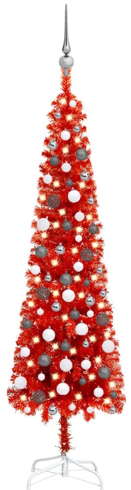 3078123 vidaXL Úzký vánoční stromek s LED diodami a sadou koulí červený 180 cm