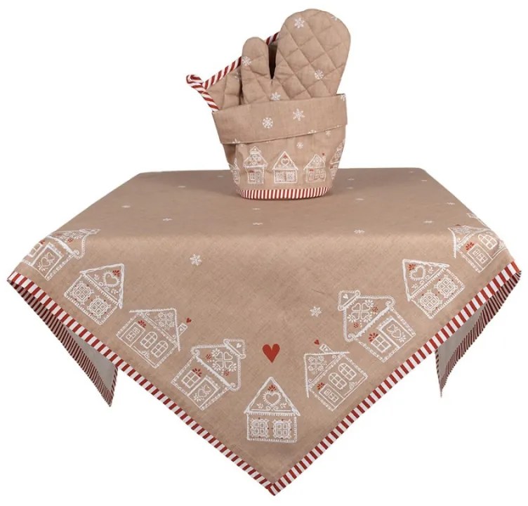 Hnědý bavlněný ubrus s motivem perníkových domečků Gingerbread Bliss – 100x100 cm