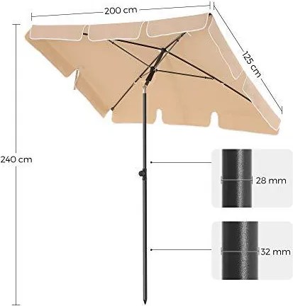 Obdélníkový slunečník 2 × 1,25 m, UPF 50+ ochrana, sklopný, bez základny, taupe