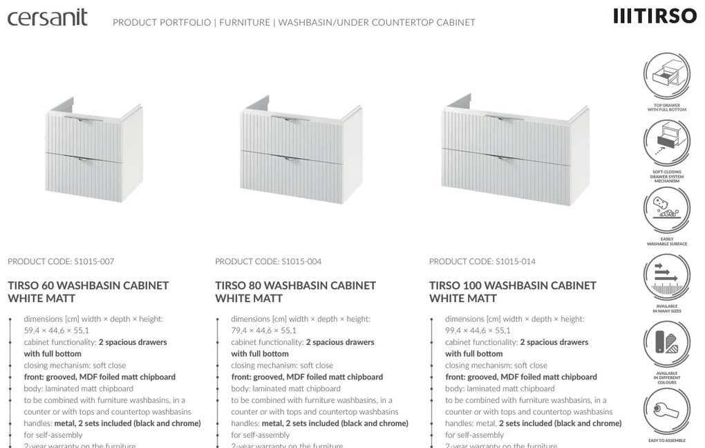 Cersanit Tirso, závěsná umyvadlová skříňka 794x447x572 mm + keramické umyvadlo, bílá matná, S801-547
