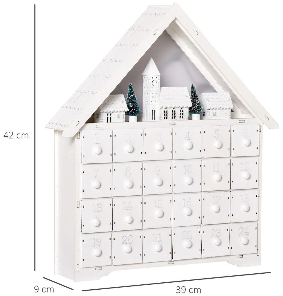 Adventní kalendář HOMCOM k naplnění 24 zásuvek a LED světel, designová vánoční dekorace 2 v 1 v bílé barvě 39 x 9 x 42 cm | Aosom.de