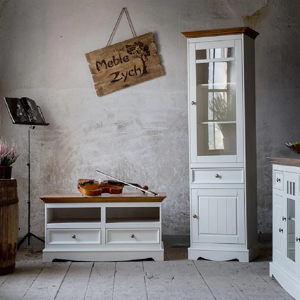Massive home | Belluno Elegante bílá úzká vitrína z masivu s dubovou deskou levá