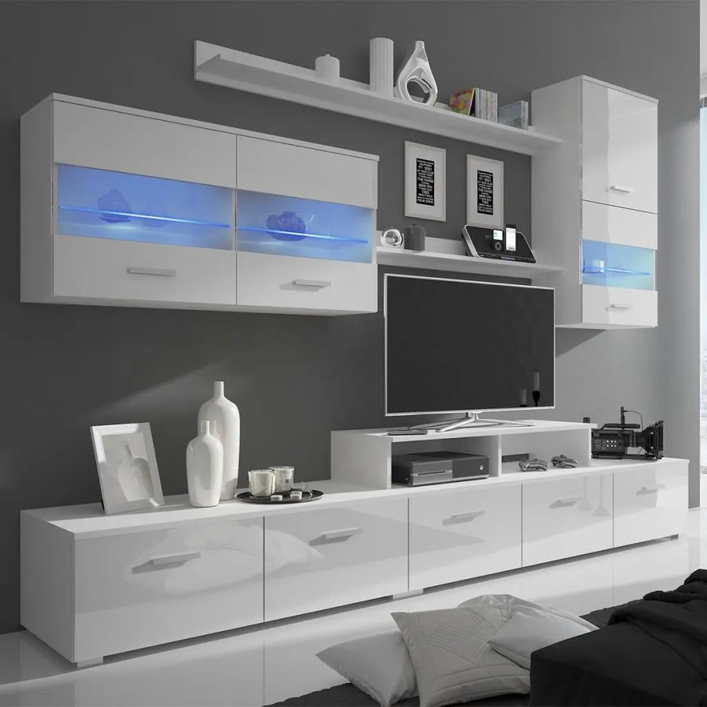 244025 vidaXL Sedmidílná obývací stěna s LED 250 cm vysoký lesk bílá