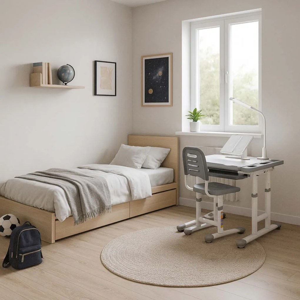Creative Corner Dětský psací stůl se zásuvkou židle lampa šedá
