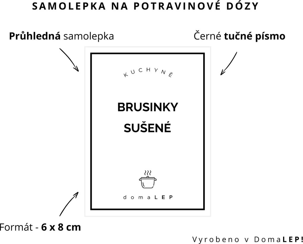 BRUSINKY SUŠENÉ - omyvatelná samolepka na dózu, výběr rozměrů Ø 5 cm / 5 x 5 cm / 6 x 8 cm | DomaLEP tvar: KOLEČKO, barva: PRŮHLEDNÁ - ČERNÉ písmo, velikost: Ø 5 cm - základní písmo