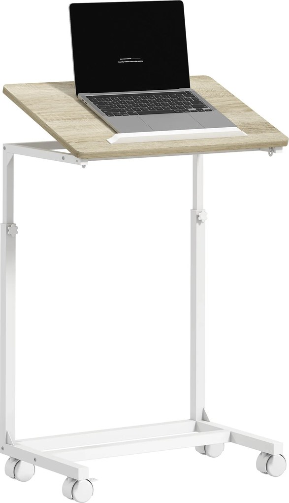 HOMCOM Mobilní Boční Stolek k Pohovce s Nastavitelnou Výškou a Naklápěcí Desktopem, Metalový Rám pro Ložnici, Obývací Pokoj, Kancelář 55x36x62.5-82.5