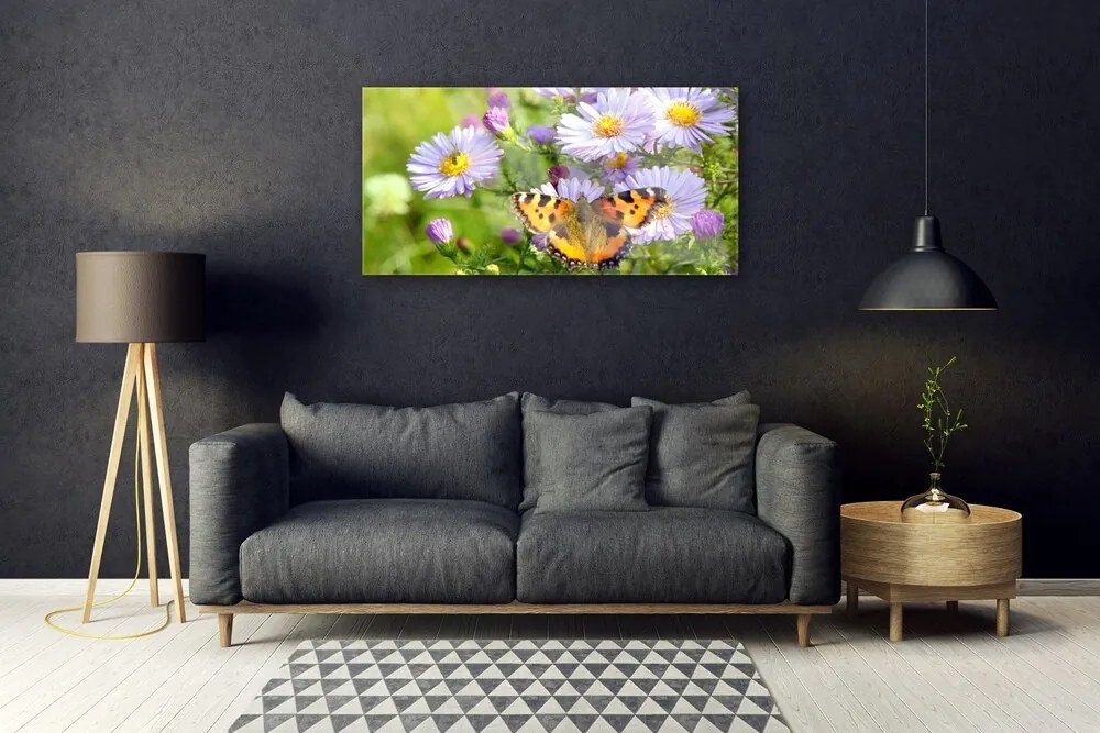 Obraz na skle Květiny Motýl Příroda 125x50 cm