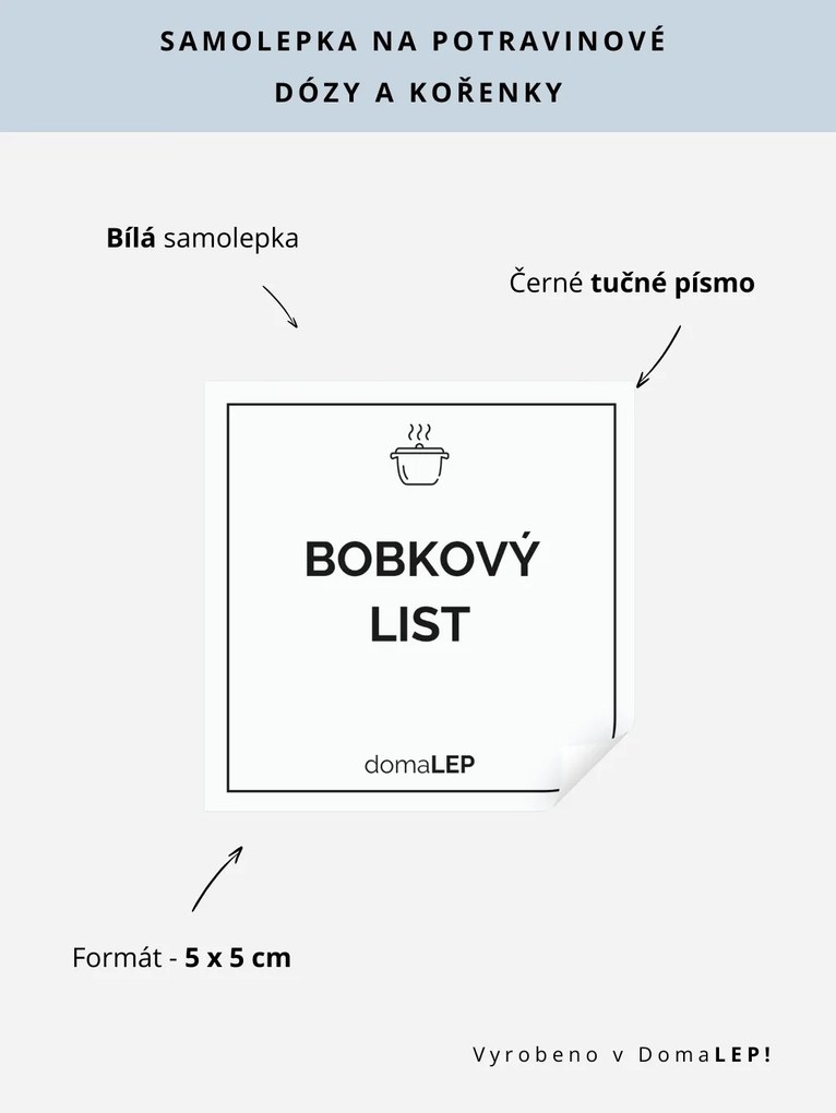 Samolepka na kořenky BOBKOVÝ LIST bílá 5 × 5 cm tučné písmo