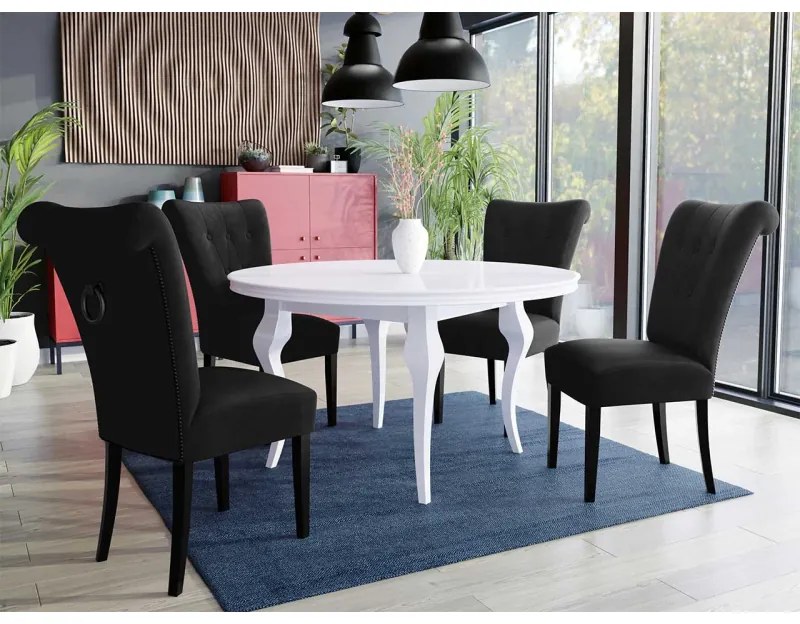 Stůl Julia FI 120 se 4 židlemi ST65 s klepadlem 10, Klepadlo: černé, Barva křesla: bíla, Barva stolu: bíly lesk, Potah: Magic Velvet 2216