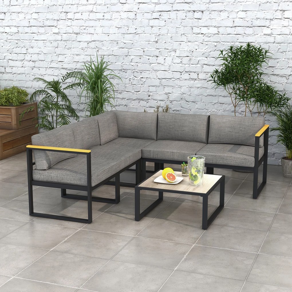 Outsunny Zahradní Lounge se Sofou a Konferenčním Stolkem, 6-Dílná Souprava z Hliníku s Polstrovanými Polštáři, Konferenční Stolek s Dřevěným Efektem,…