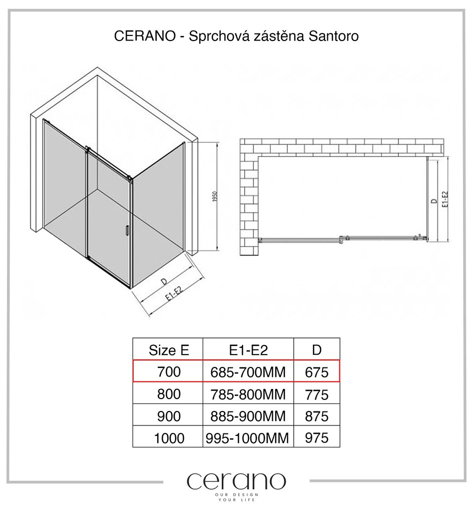 Cerano Santoro, sprchová zástěna 70x195 cm, 6mm šedé sklo, černý profil, CER-CER-424996