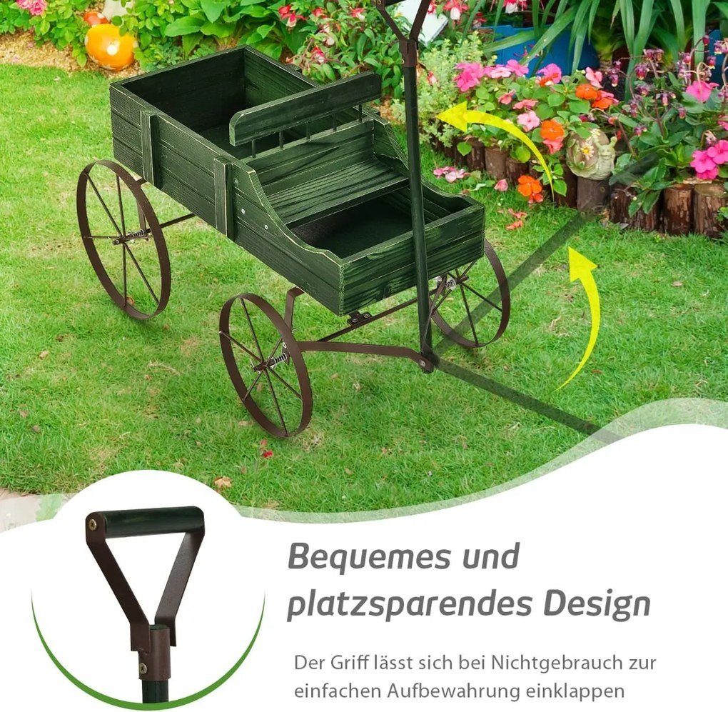 Costway Dřevěný vozík na květiny dekorativní květinový box s kolečky, zelený