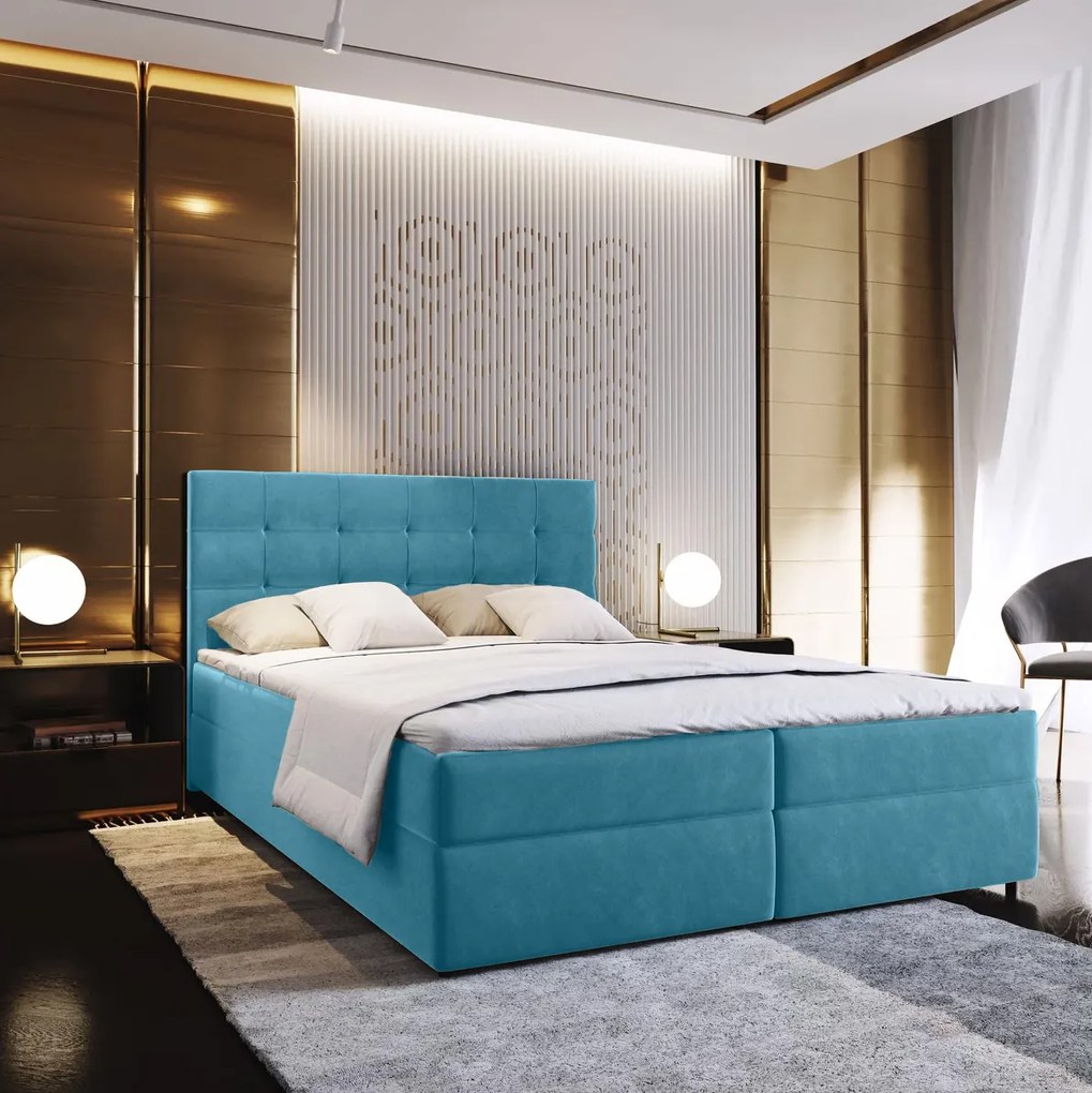 Čalouněná postel boxspring GLORIEN VELVET 140x200 cm modrá Matrace: Matrace Bonell pružinová