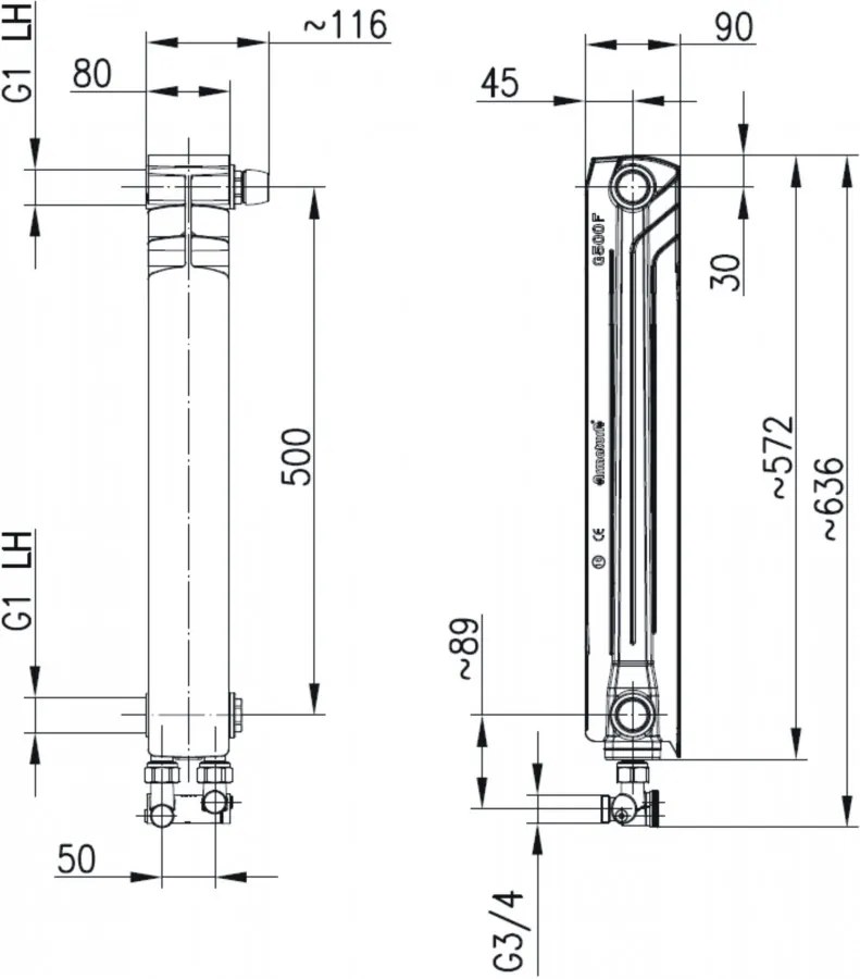 Armatura Radiátor HLINÍKOVÝ G500F 19-segmentový WHITE PRAVÉ rohové připojení (SADA)