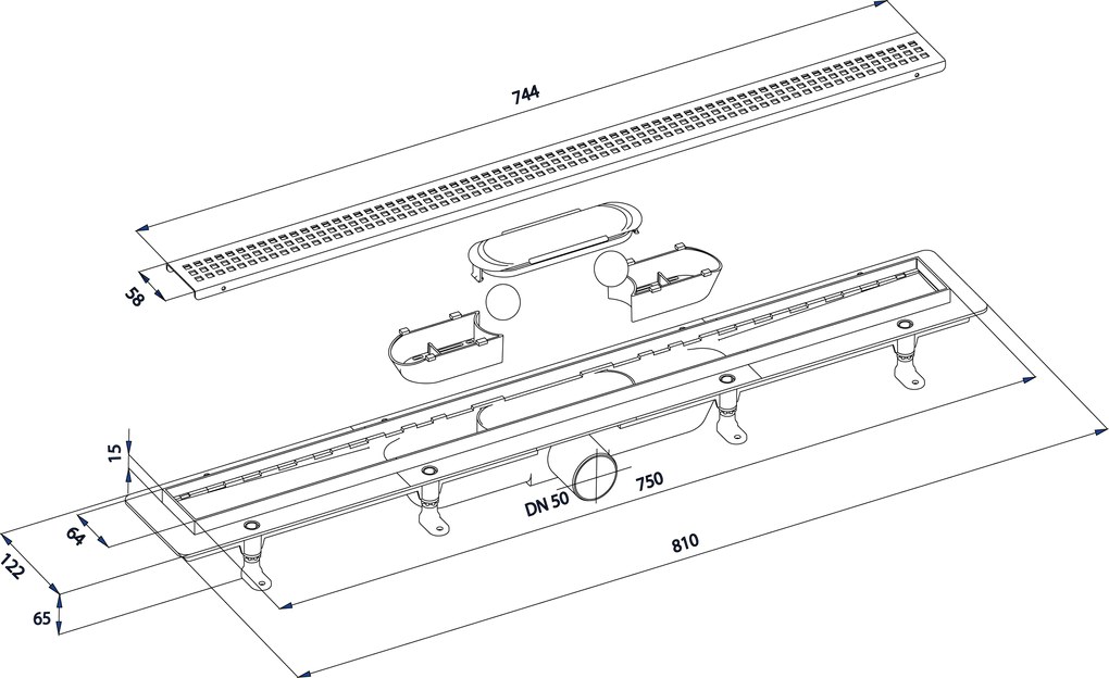 Sapho, INDY sprchový kanálek s nerezovým roštem, superflow, DN50, 810x122x65 mm