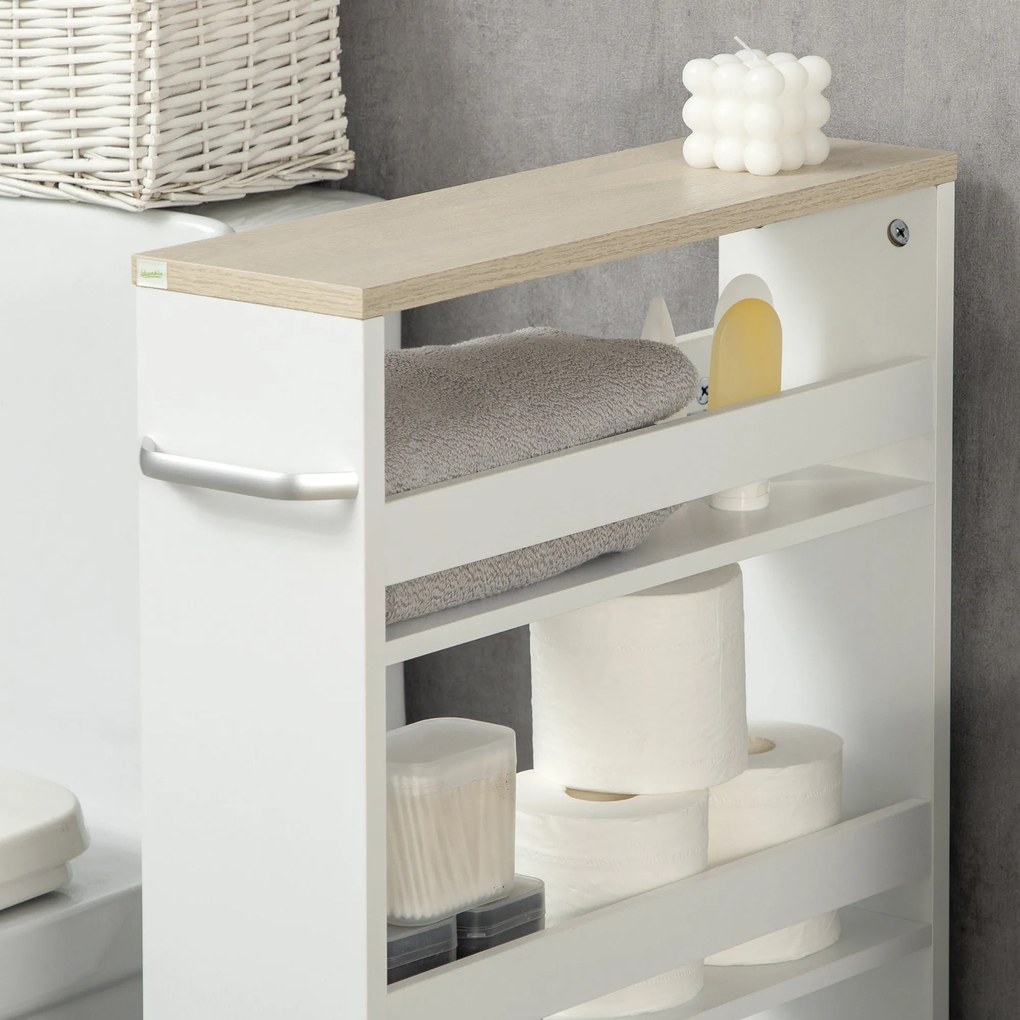 Kleankin 3-patrový úzký koupelnový regál se bočním madlem a kolečky pro kuchyň a obývací pokoj, moderní styl 48x15x80 cm Bílý