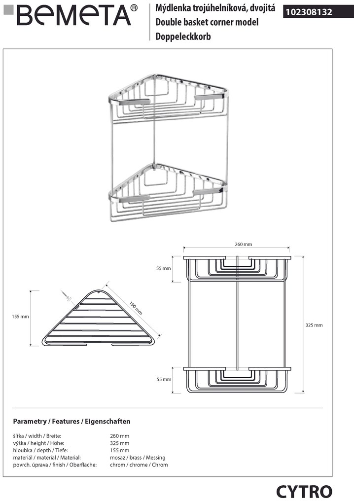 Bemeta Design CYTRO: Polička, do sprchy, dvojitá, rohová - 102308132