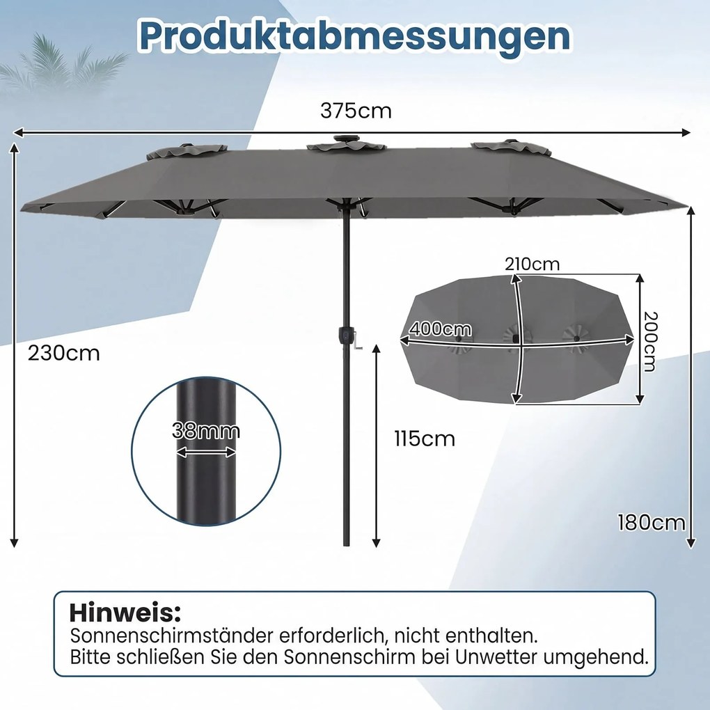 Costway Dvojitý slunečník s LED osvětlením Obdélníkový – 400 × 210 cm, šedá