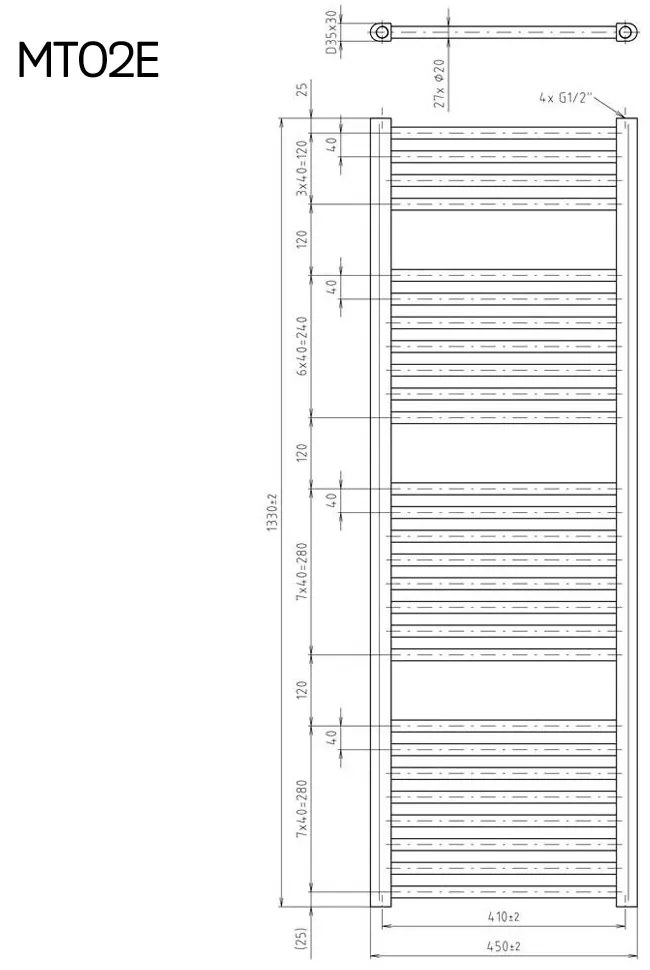Mereo otopný žebřík rovný 450x1330 mm elektrický bílý MT02E