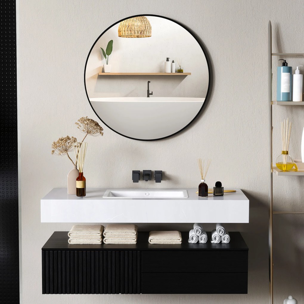 HOMCOM Kolo zrcadlo, koupelnové zrcadlo, průměr 70 cm, kovový rám, nástěnné zrcadlo, snadná instalace, pro ložnici, obývací pokoj, vstup, černé