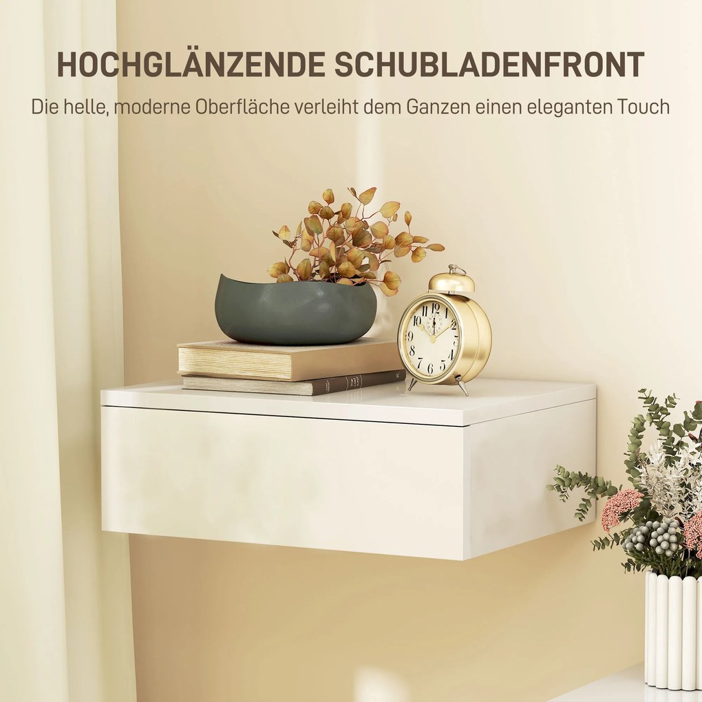HOMCOM 2dílná sada nočních stolků, nástěnný design, zásuvka, do ložnice, dřevotříska, bílá