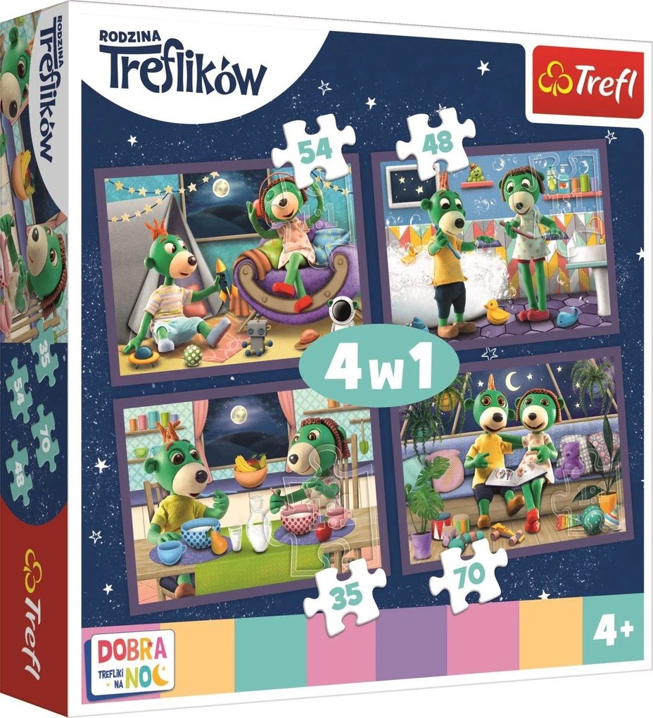 Puzzle trefl puzzle dobrou noc, treflíci: večerní rituály 4v1 (35,48,54,70 dílků)