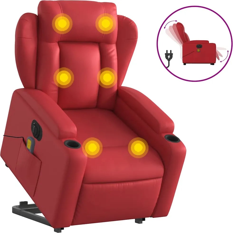 Elektrické zvedací masážní polohovací křeslo červené umělá kůže 3204570