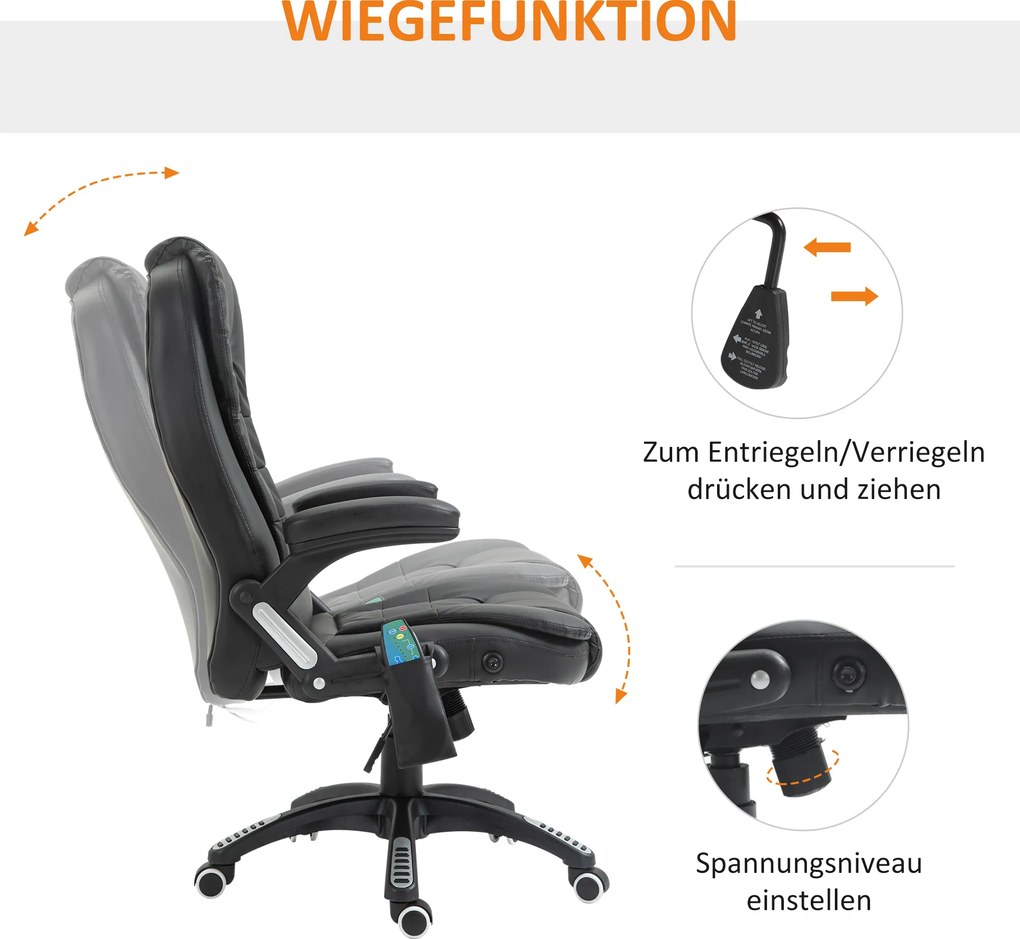 HOMCOM Kancelářské křeslo Manažerské křeslo s 6bodovou vibrační masáží a funkcí vyhřívání, imitace kůže, otočné, 62x68x111-121cm| Aosom