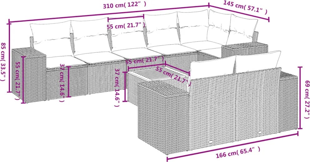 9dílná zahradní sedací souprava s poduškami černá polyratan 3257862