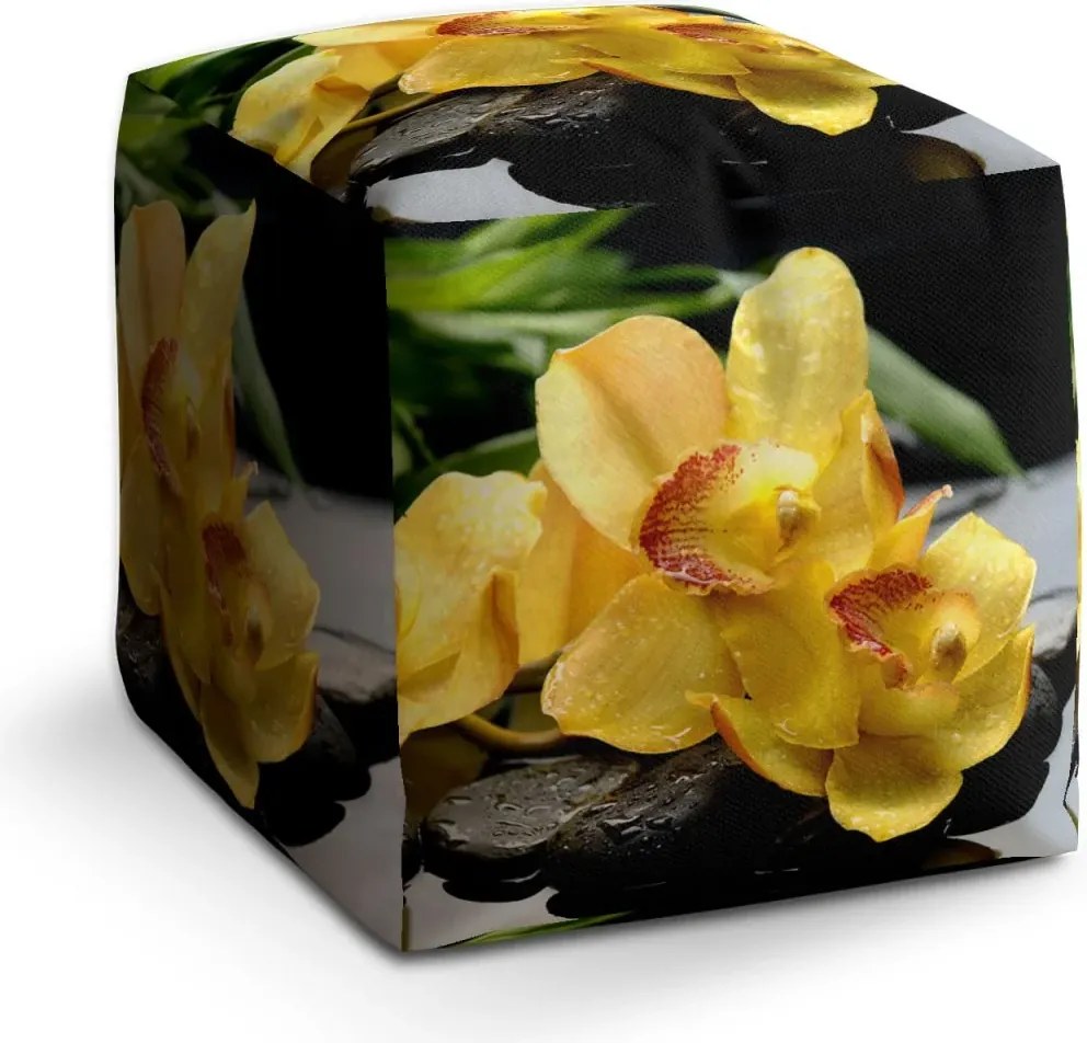 Sablio Taburet Cube Žluté orchideje - 50x50x50 cm