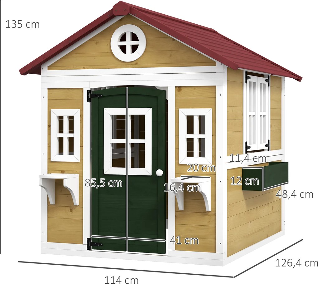 Dětská zahradní chalupa Outsunny, venkovní dům pro děti, s dveřmi, okny a truhlíky, pro děti ve věku 3-8 let, 114 x 126,4 x 135 cm, béžová