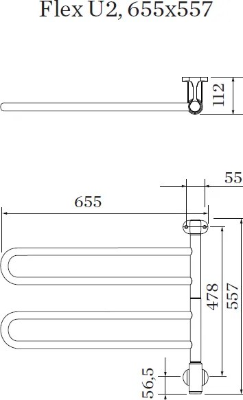 Elektrický sušák na ručníky – nerezový a černý koupelnový žebřík - 2 otočná oblouková ramena (PAX FLEX U) Barva: Černá, Šířka: 655 mm, Varianta el. ž…