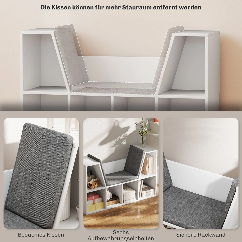 HOMCOM Knihovna s polštářem, úložný regál se 6 přihrádkami, vzhled lnu, malá knihovna do obývacího pokoje, ložnice, 105 x 30 x 63 cm, bílá | Aosom