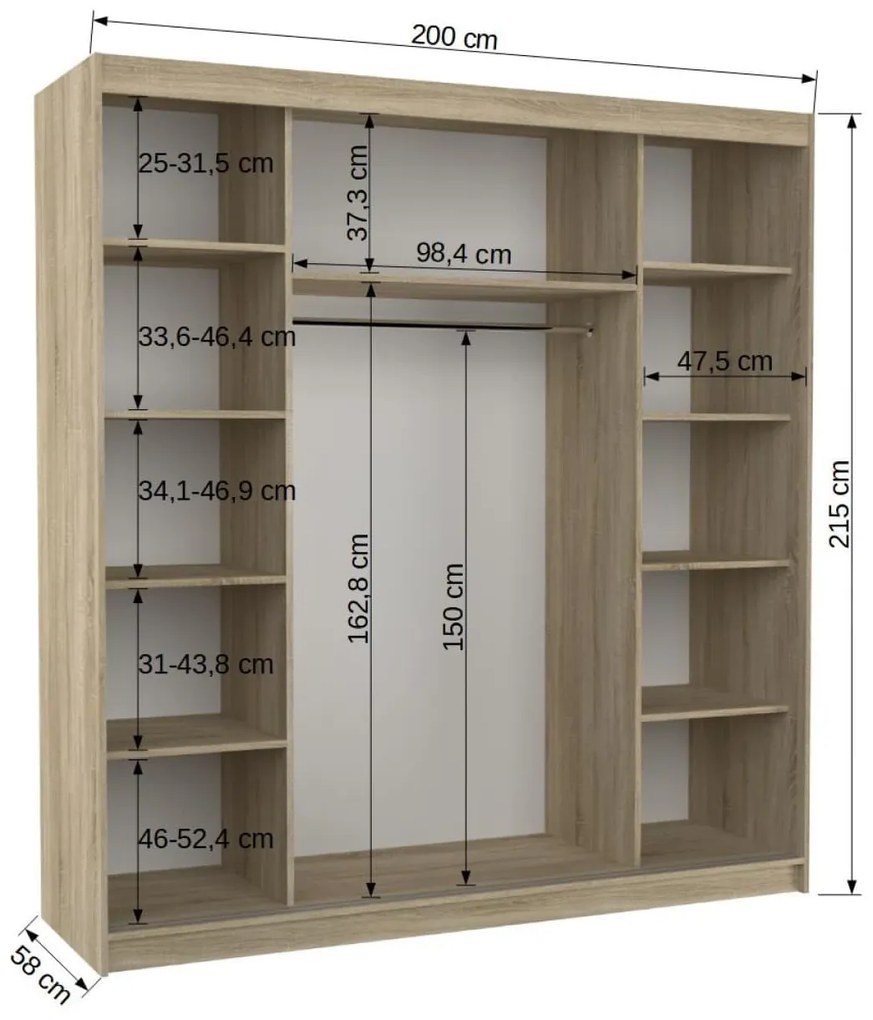 Šatní skříň s posuvnými dveřmi Spectra - 200 cm Barva: Bílá/dub Sonoma