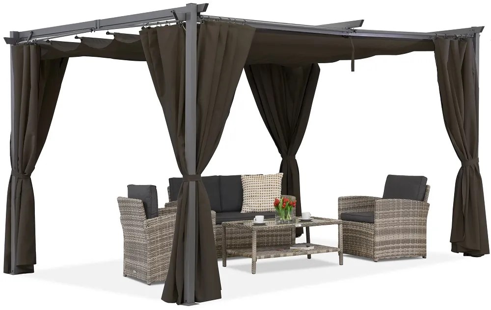 Hnědá pergola La Palma 4x4m se závěsy Garden Point