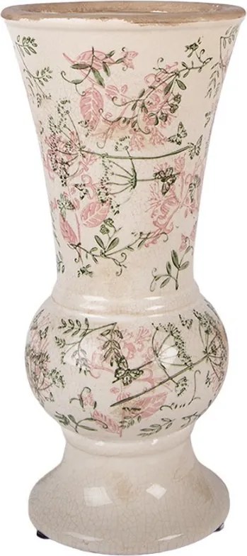 Béžová antik keramická váza s květy M - Ø 15*32 cm