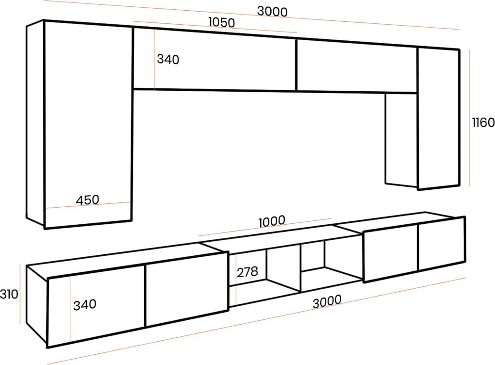 GAB Obývací stěna LORONA 23, Bílá/Zlatý dub 300 cm