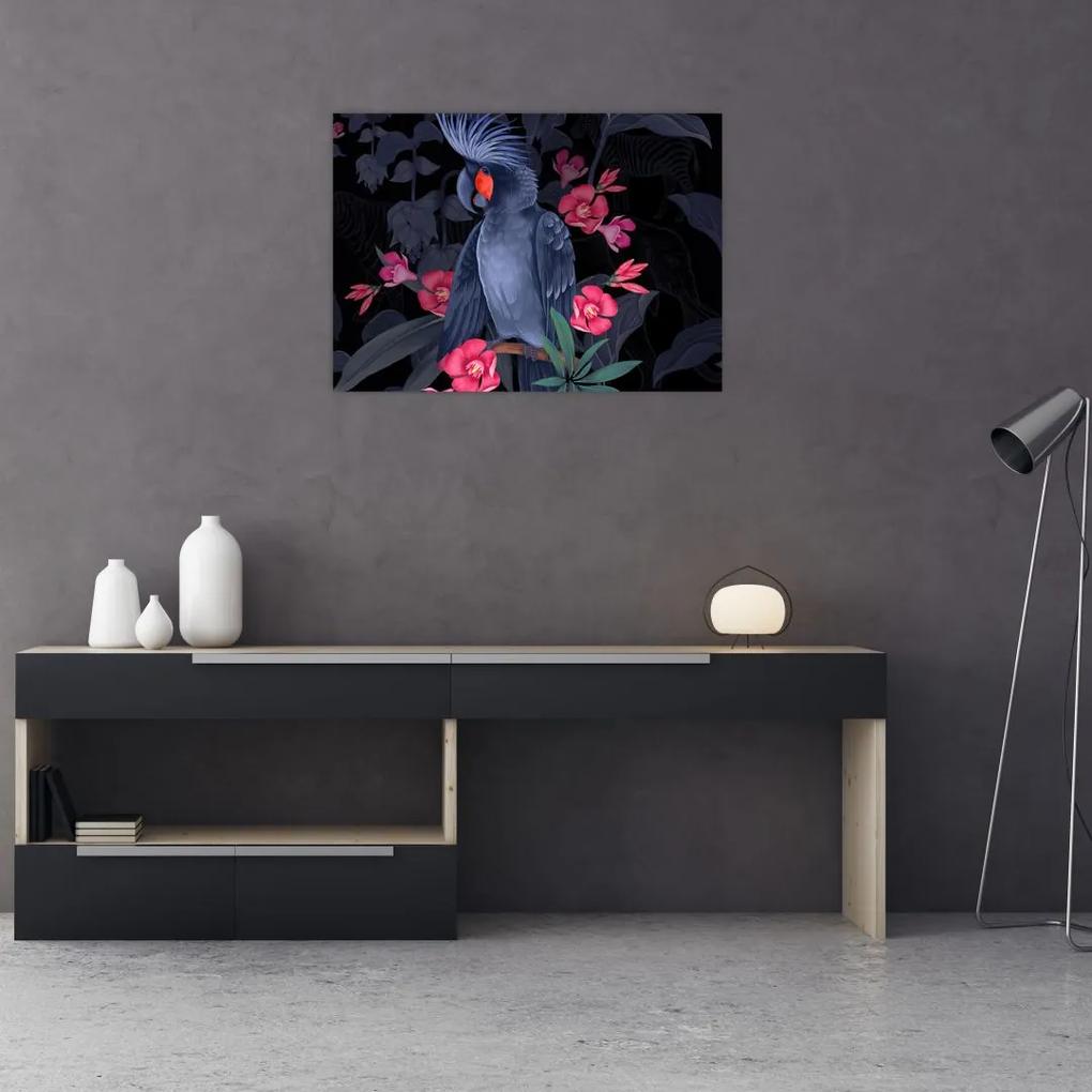 Skleněný obraz - Papoušek mezi květy (70x50 cm)