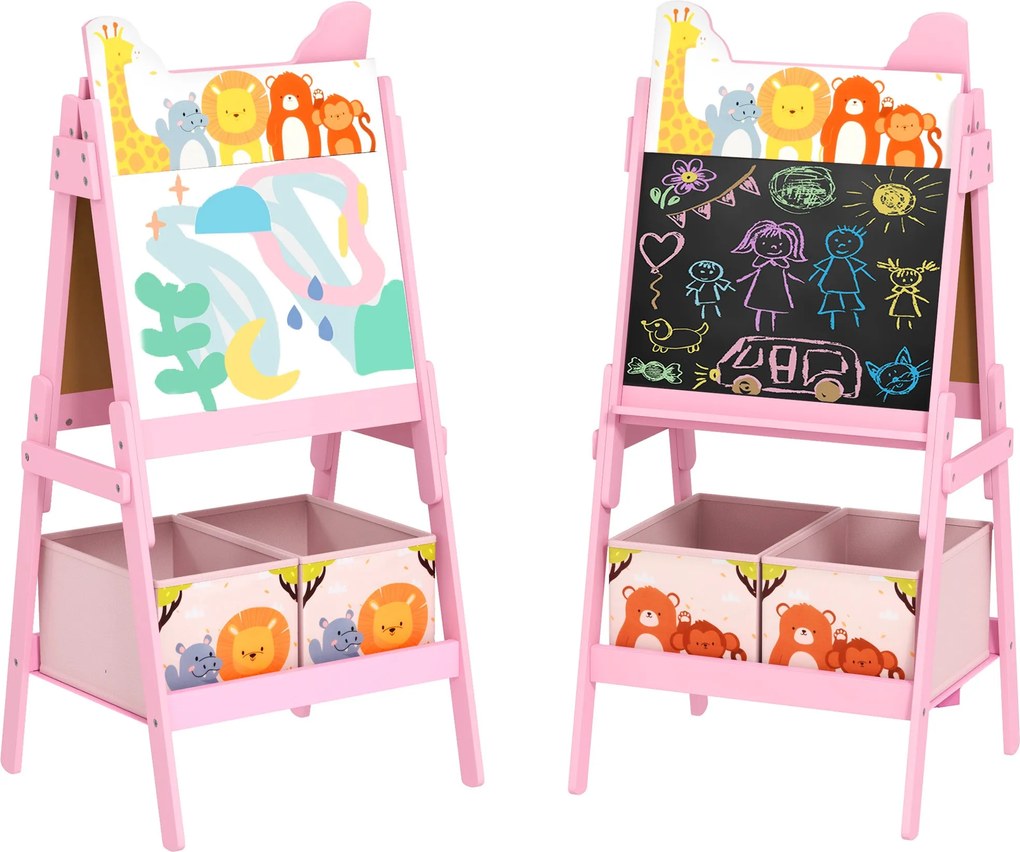 AIYAPLAY Dětský Easel 2 v 1, Dvoustranný Easel pro Děti, Easel s Tabulí na Křídu, Bílou Tabulí, Úložnými Krabicemi, pro Děti 3-8 Let, Růžový | Aosom