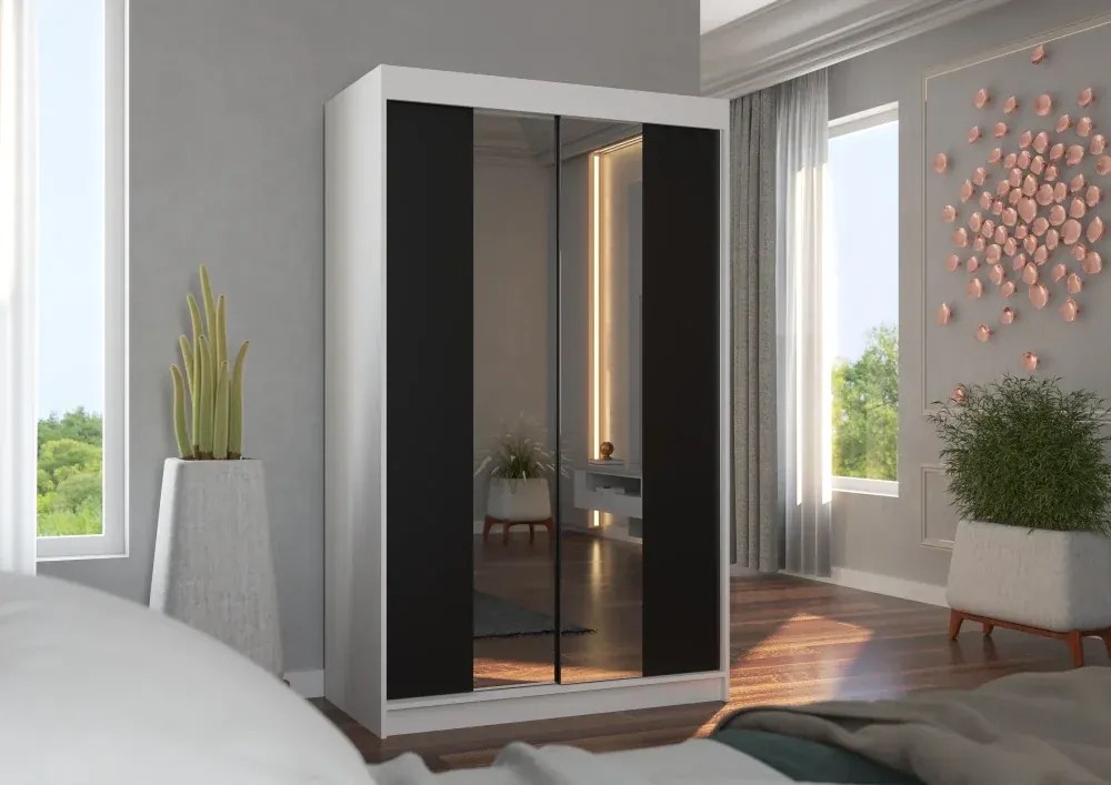 Skříň posuvná se zrcadlem MARVIN 120 bílá – černá
