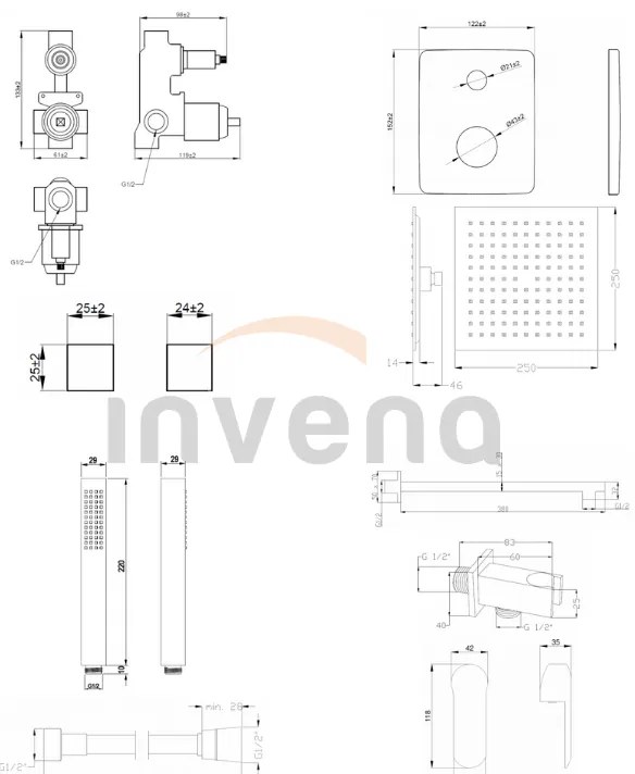 Invena Siros, podomítková sprchová sada s 2-výstupovým tělesem, černá matná, INV-BS-90-010-A