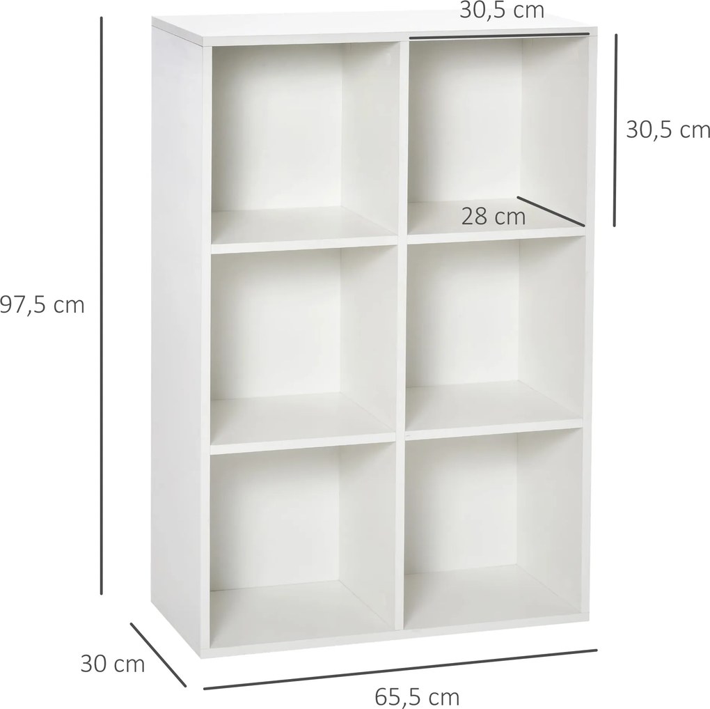 HOMCOM Knihovna Dřevěná 3-Úrovňová Police se 6 Úložnými Krychlemi do Obývacího Pokoje, Ložnice a Kanceláře 65,5x30x97,5 cm Bílá