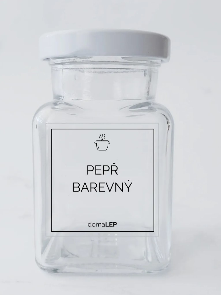 Samolepka na kořenky PEPŘ BAREVNÝ průhledná 5 × 5 cm základní písmo