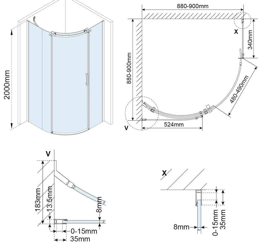 Polysan Polysan, THRON SQUARE čtvrtkruhová sprchová zástěna 900x900mm, čiré sklo, levá, TL2690-5002