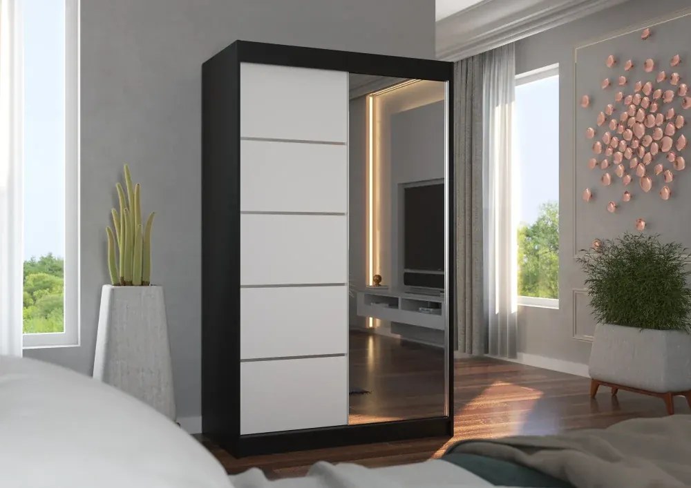 Skříň posuvná se zrcadlem NICEA 120 černá – bílá (120 x 200) cm – 6 polic pro přehledné uložení