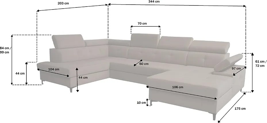 Sedací souprava CAPRI | 175x344x203 | rozkládací + 2x úložný prostor | PRAVÁ | vysoký sed | VÝBĚR TKANIN